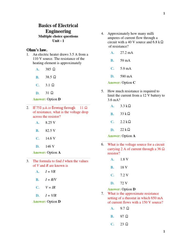MCQ Electrical Engg. Unit 1. | PDF | Series And Parallel Circuits ...