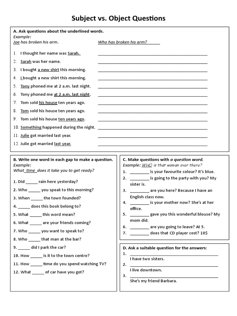 Subject Object Questions Exercises | PDF