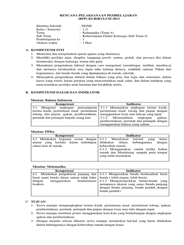 RPP Tematik Integratif Kelas 1 | PDF