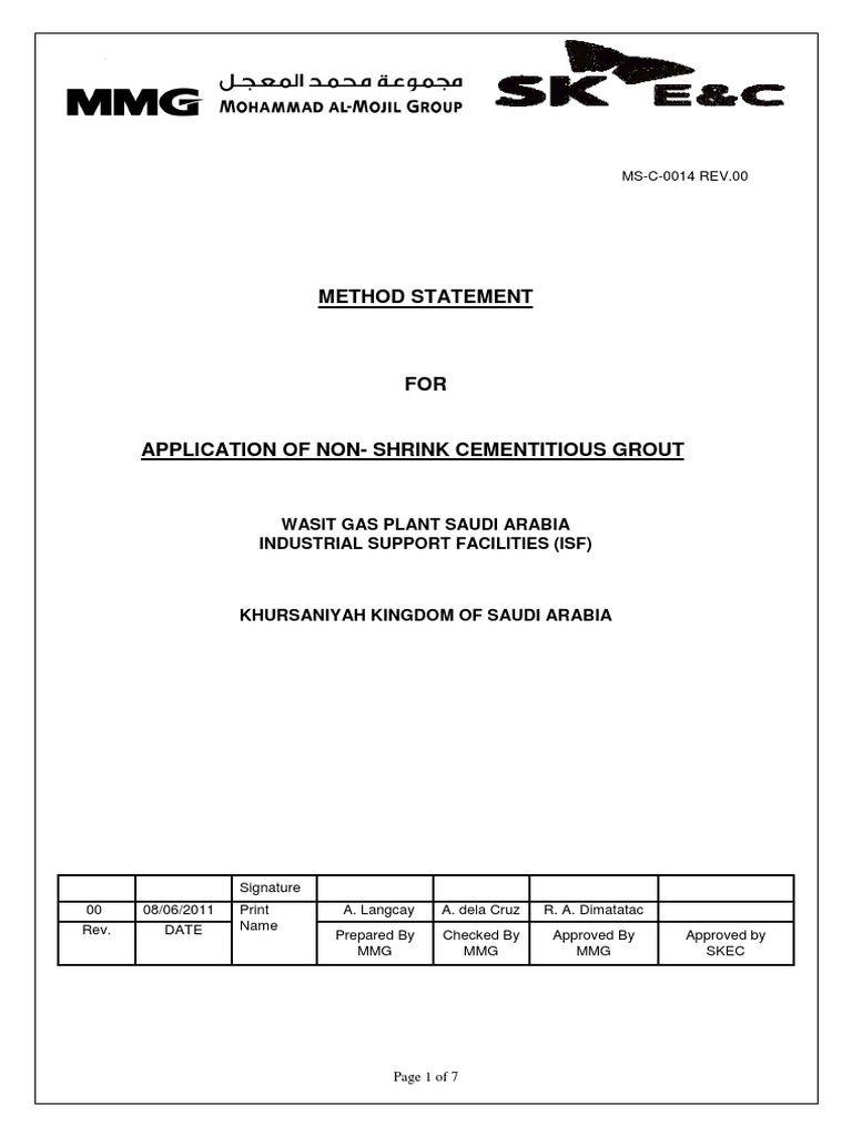 14.0 Method Statement for Application of Cementitious Grout | Concrete | Water