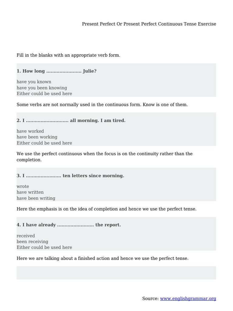 Present Perfect or Present Perfect Continuous Tense Exercise | PDF ...