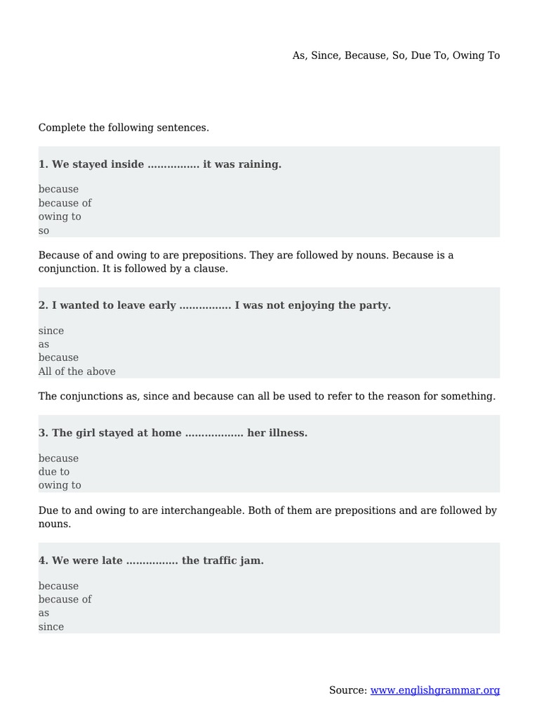 As, Since, Because, So, Due To, Owing To.pdf | Semantics | Semantic ...