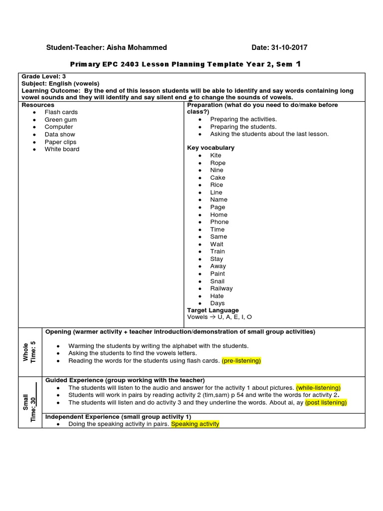 Vowels Lesson Plan | PDF | Lesson Plan | Education Theory