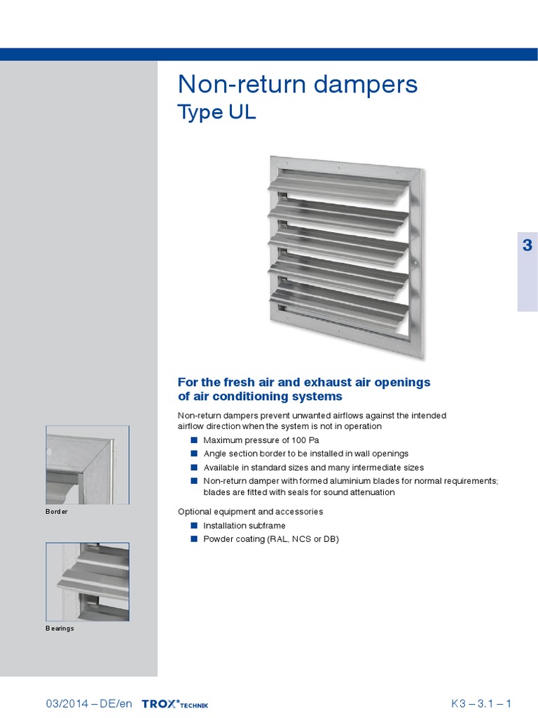 Non-Return Dampers: Type UL | PDF | Duct (Flow) | Flow Measurement