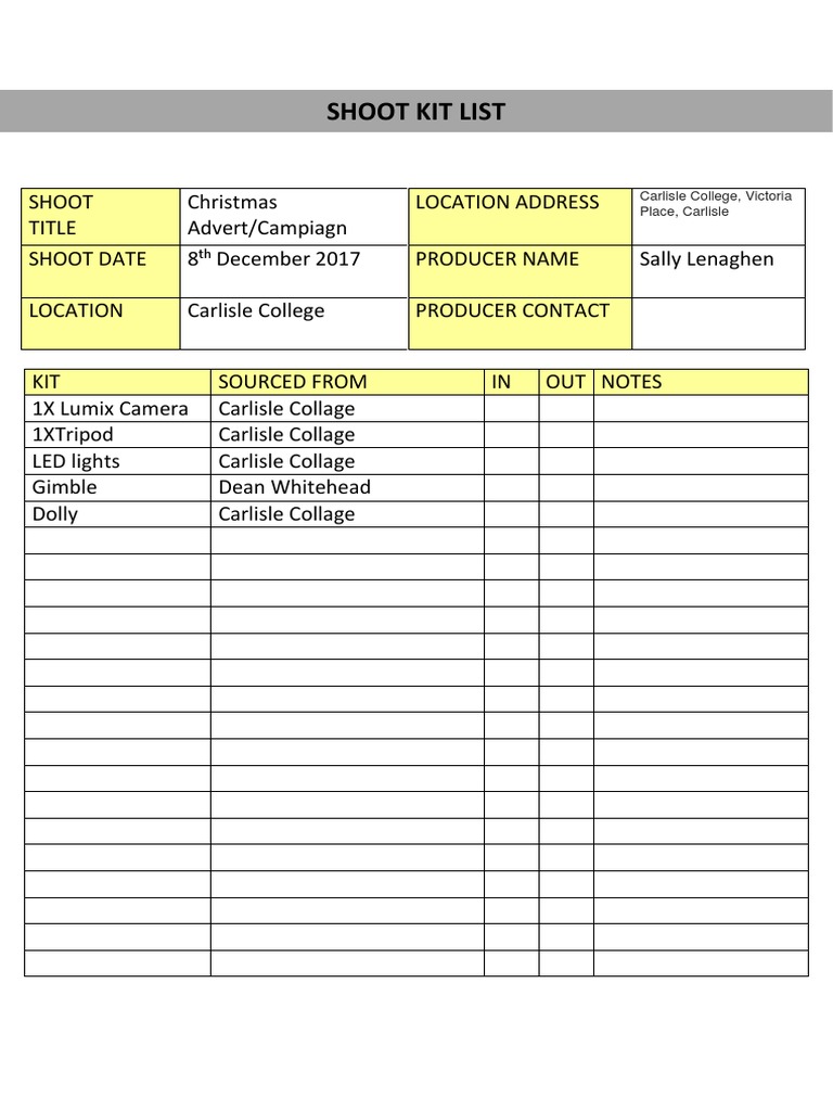 Shoot Kit List | PDF