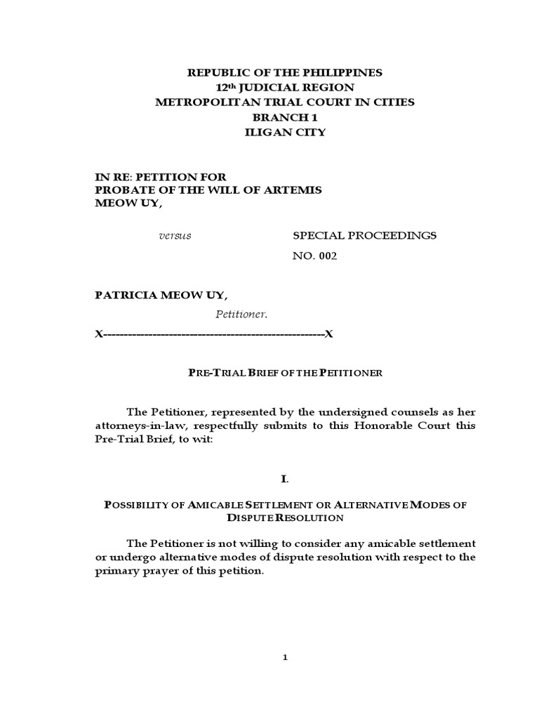 Pre Trial Brief For Petitioner | PDF | Notary Public | Civil Law ...