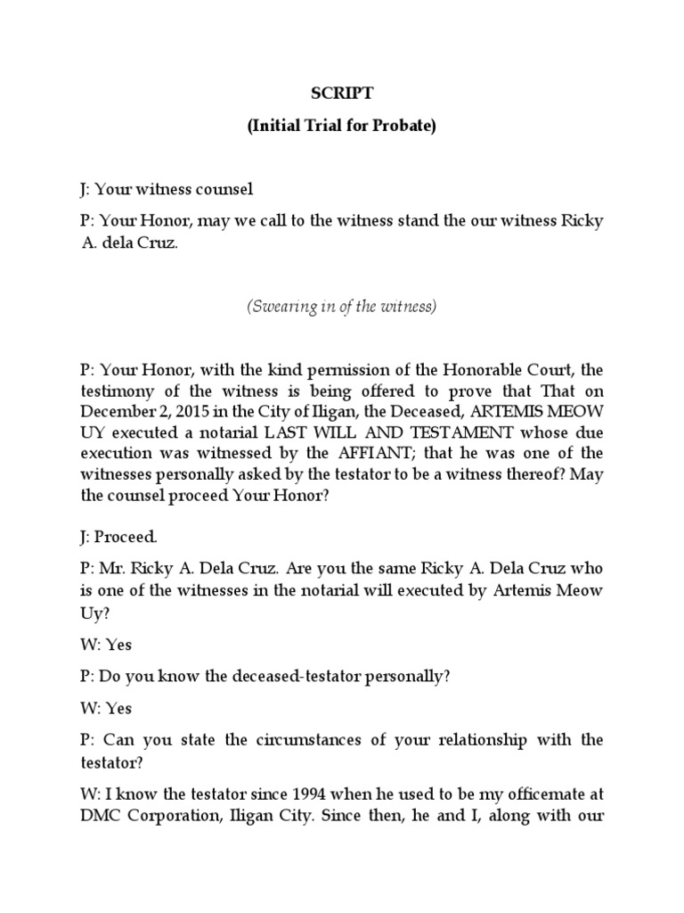 Mock Trial SCRIPT Initial Trial | PDF | Will And Testament | Witness