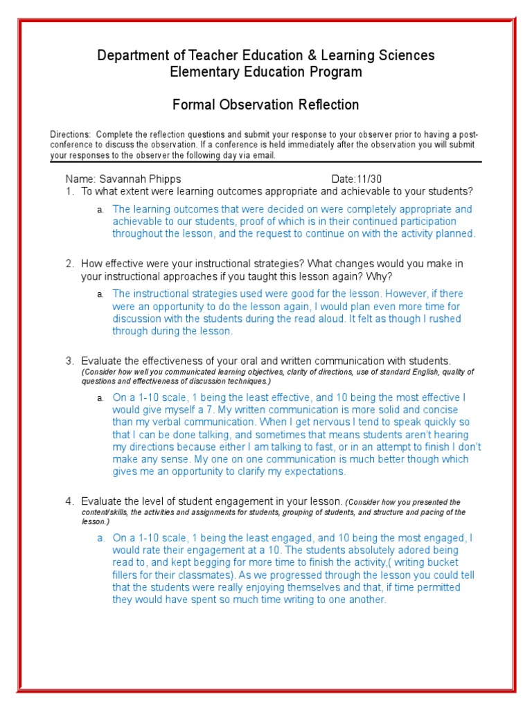 Teacher Observation Reflection Guide | PDF | Educational Assessment ...
