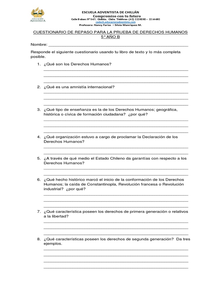 Cuestionario de Repaso Para La Prueba de Derechos Humanos (1) | Chile ...