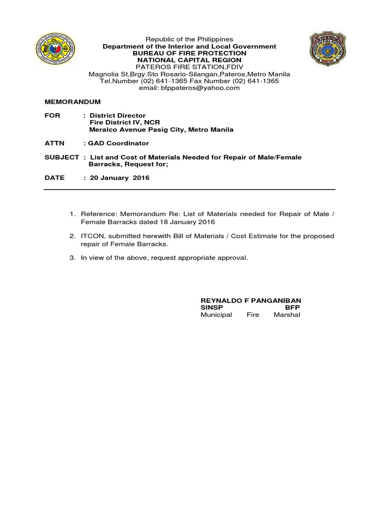 Request For Materials For Male and Female Barracks | PDF