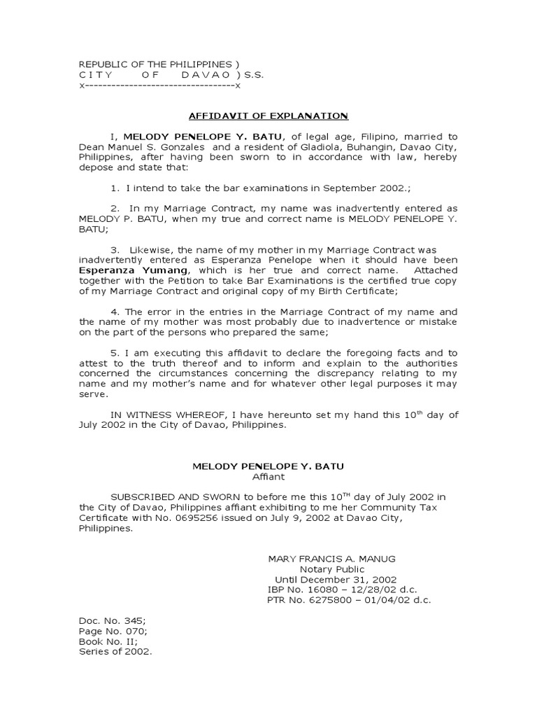 Affidavit of Explanation2 | PDF | Affidavit | Philippines