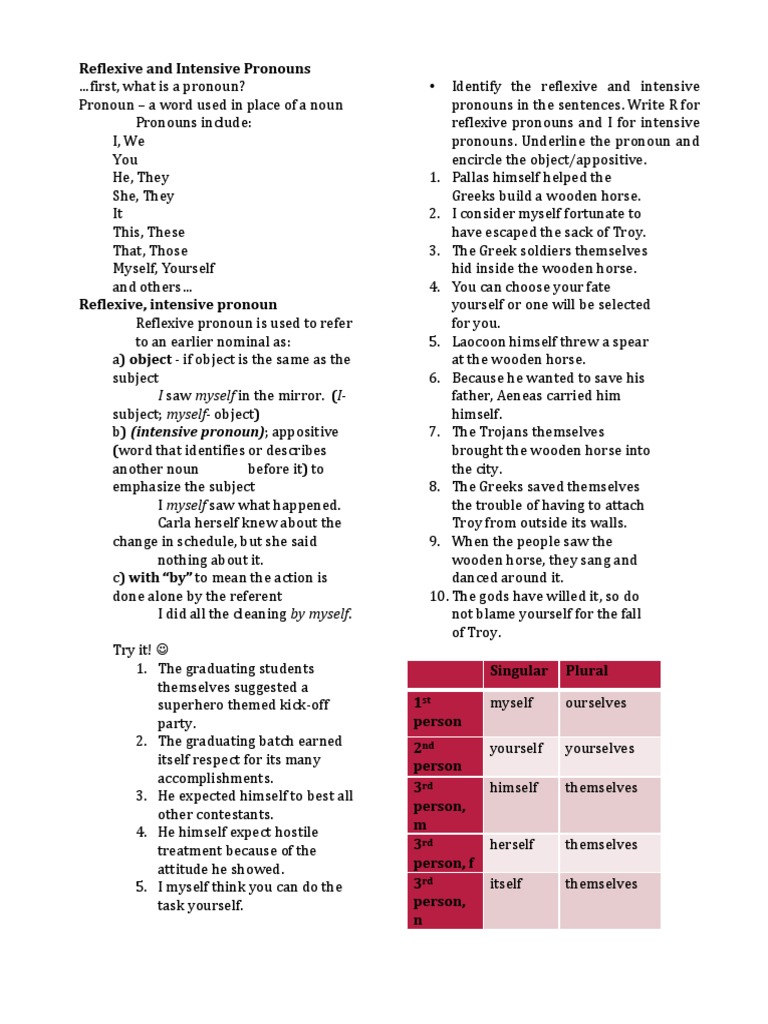 Reflexive and Intensive Pronouns | PDF | Pronoun | Grammatical Number