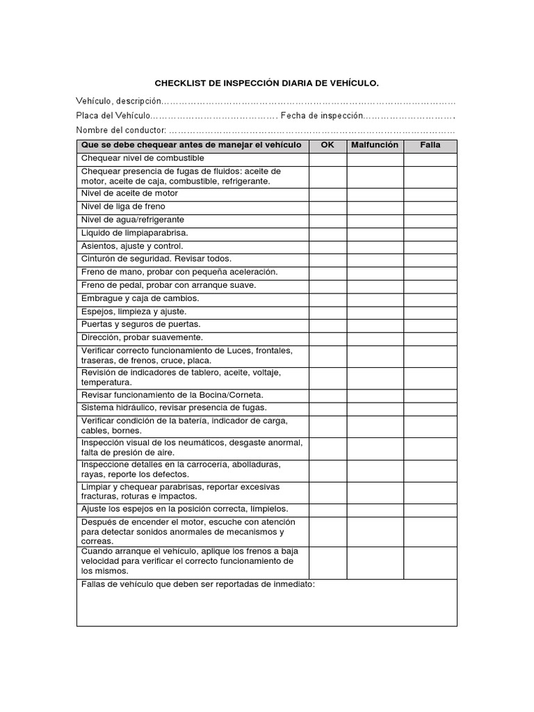 FORMATO Checklist de Inspección Diaria de Vehículo, Orden y Limpieza ...