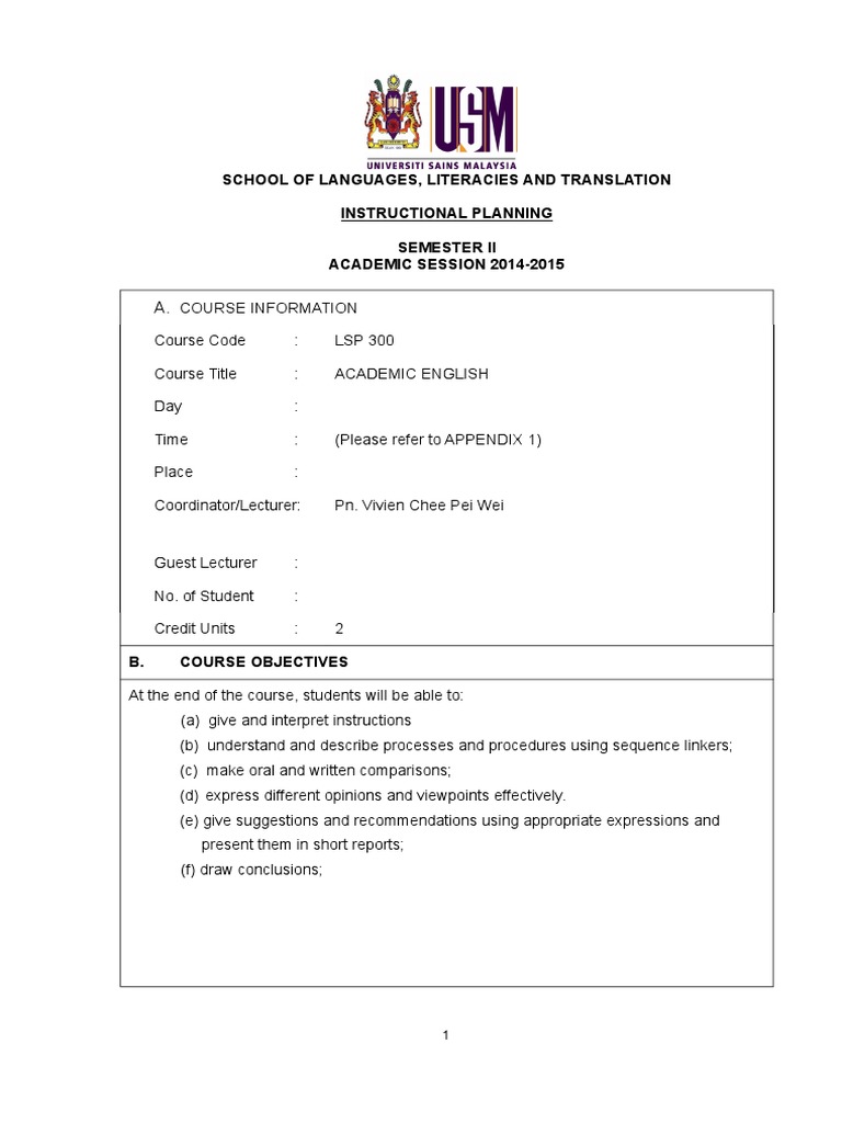 LSP 300: Academic English Course Guide | PDF | Reading Comprehension ...