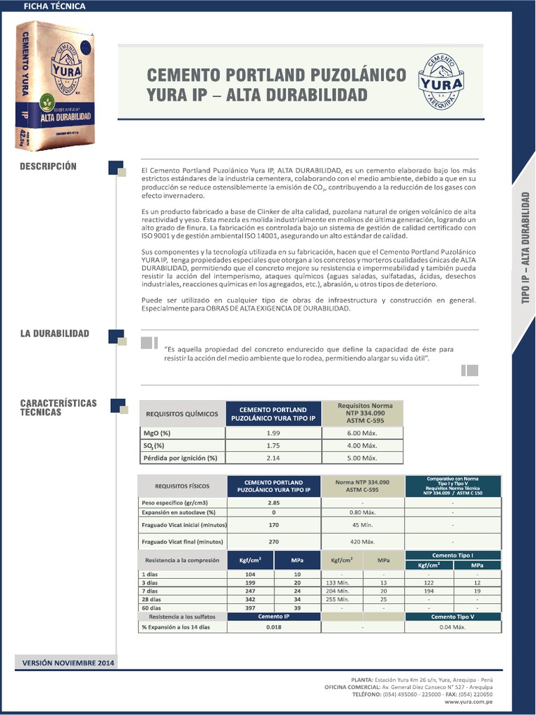Ficha Tecnica Cemento Yura Ip PDF | PDF