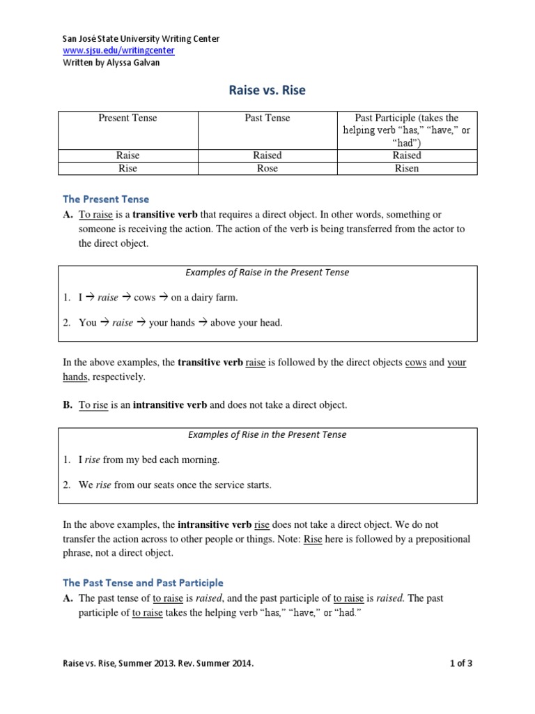 Raise vs. Rise | PDF | Verb | Grammatical Tense