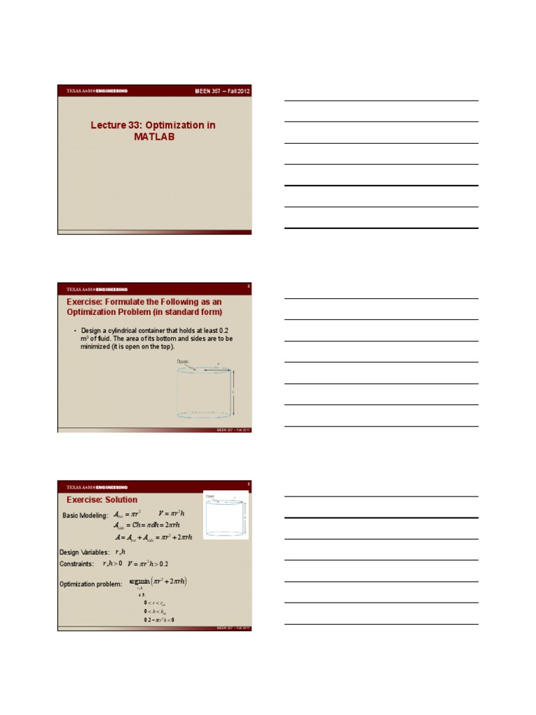 Lecture 33: Optimization in Matlab: Exercise: Formulate The Following ...