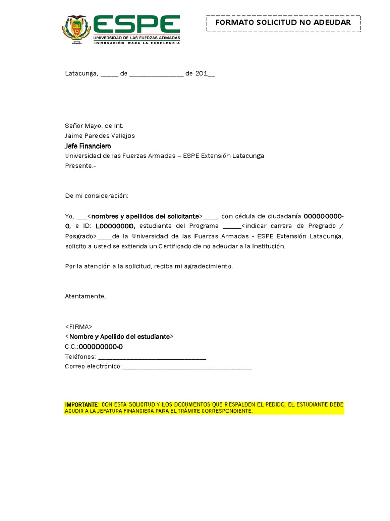 Formato Solicitud Certificado No Adeudar | PDF