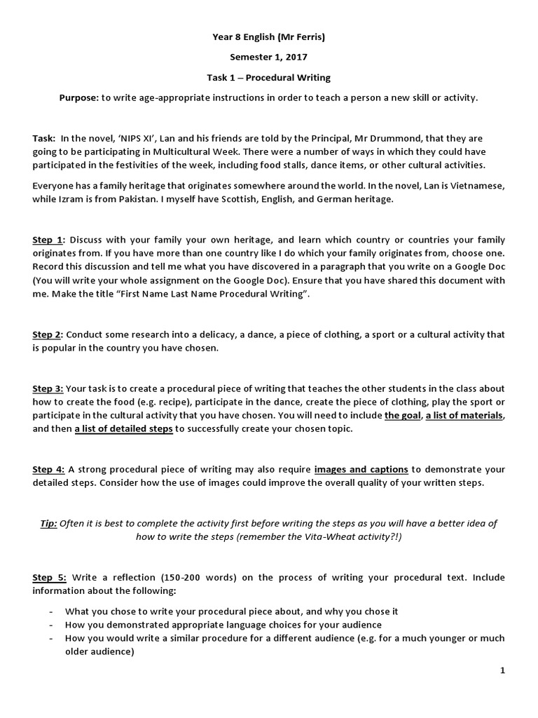 Year 8 English - Procedural Writing Task Sheet | PDF | Punctuation ...