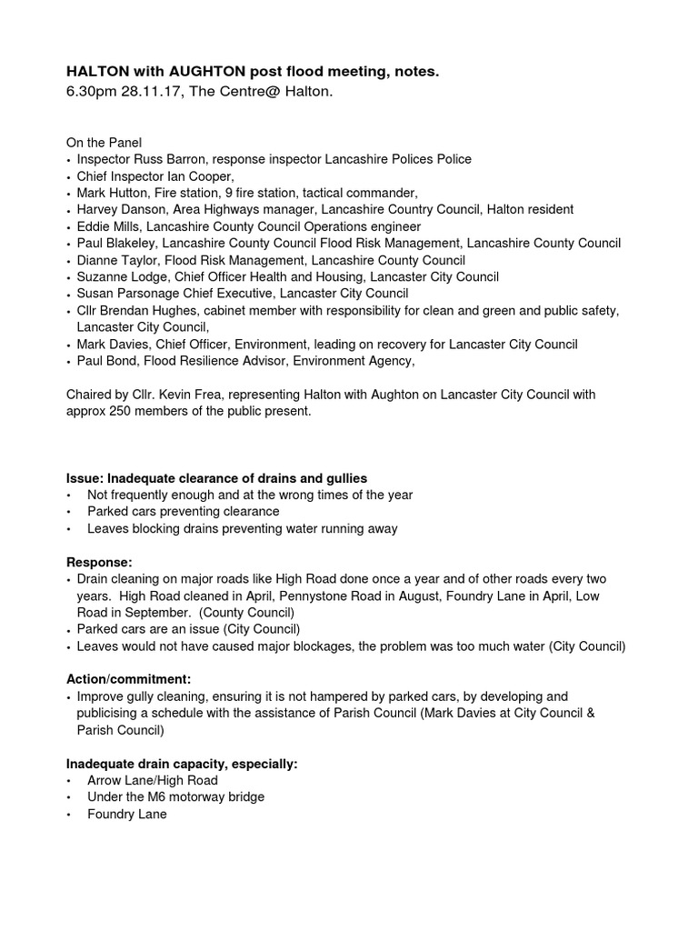 Halton Flood Meeting 28.11.17 Notes | PDF | Flood | Storm Drain