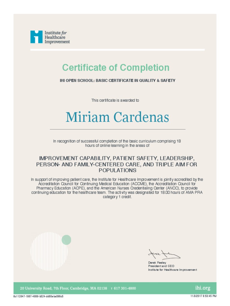 ihi certificate - basic certificate in quality sa