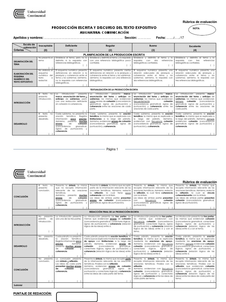 Rúbrica para La Evaluación de La Producción Escrita Del Texto ...
