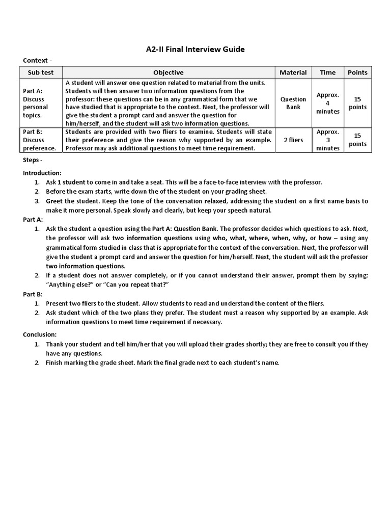 A2-II Final Interview Guide: Context - Sub Test Objective Material Time ...