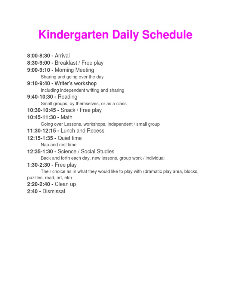 Kindergarten Daily Schedule | PDF