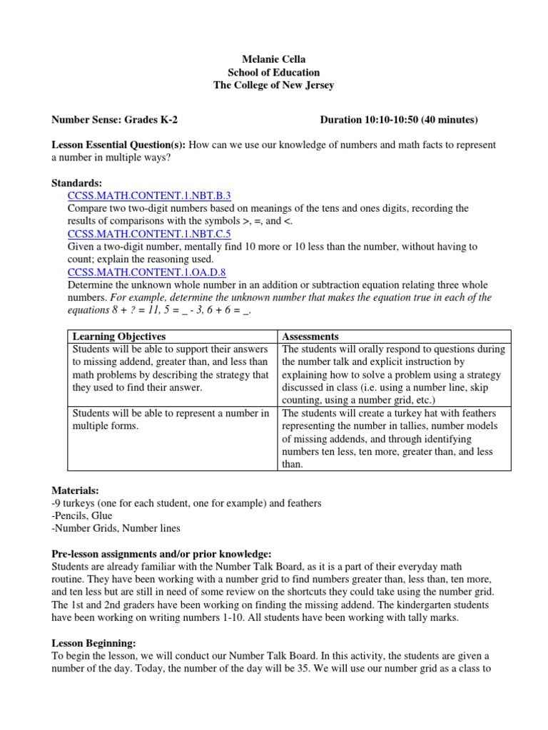 K-2 Number Sense Lesson Plan | PDF | Teaching Mathematics | Teaching
