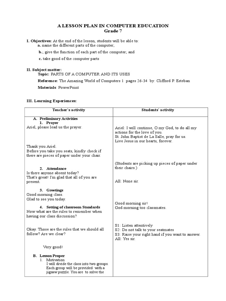 ESP Lesson Plan | Lesson Plan | Education Theory