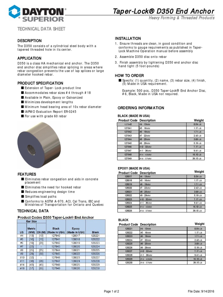 d350 Taper Lock End Anchor Tech Data Sheet | PDF | Science | Engineering