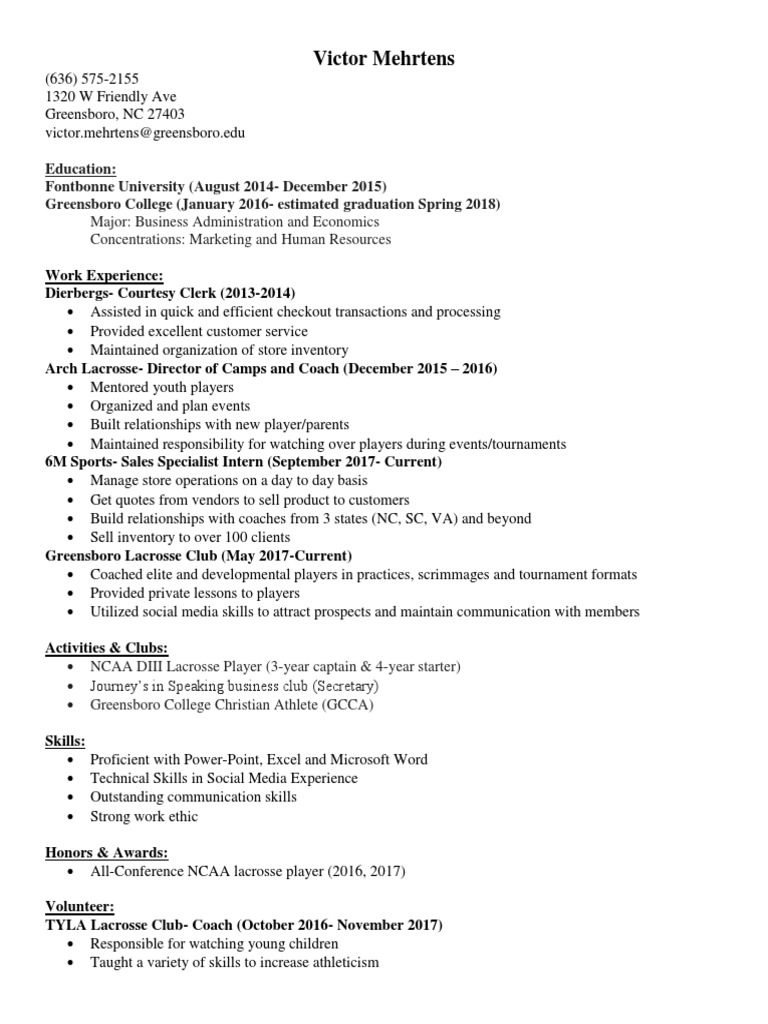 Victor Mehrtens: Business & Lacrosse Resume | PDF