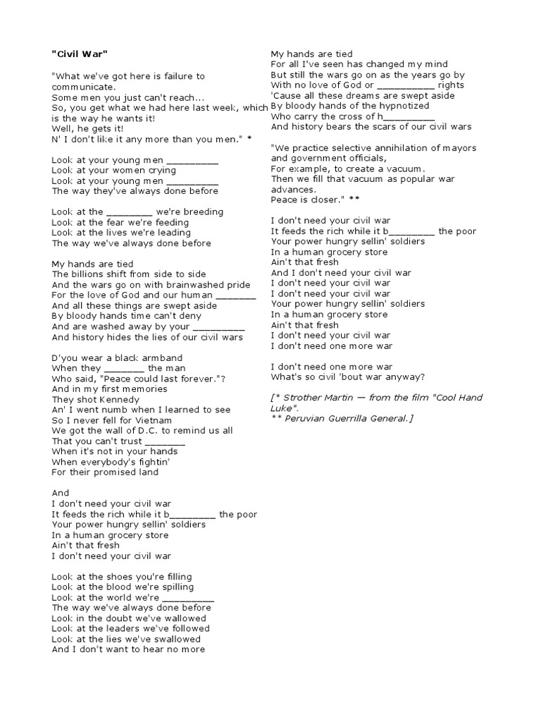 Civil War by Guns N' Roses Lyrics Exercise C1 | PDF