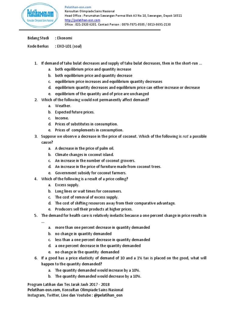 EKO-L01 Soal | PDF | Supply (Economics) | Elasticity (Economics)