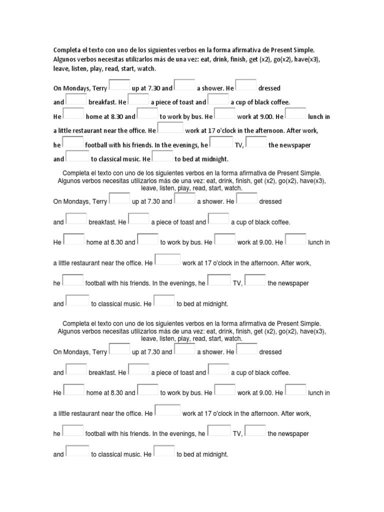 Completa El Texto Con Uno de Los Siguientes Verbos en La Forma ...