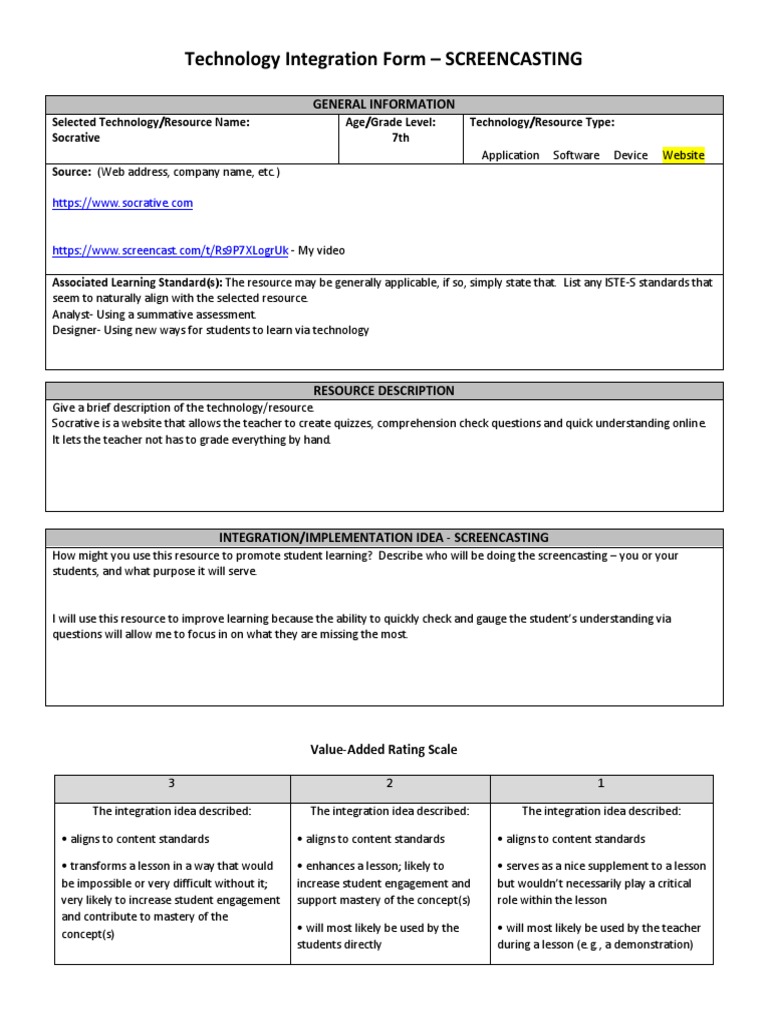 Technology Integration Template-Screencasting | PDF | Learning | Cognition