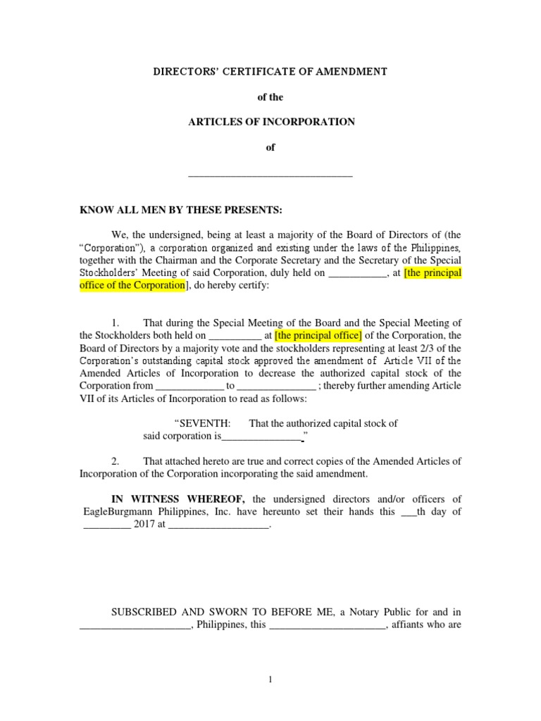 Director's Certificate for Decrease of ACS | Board Of Directors ...