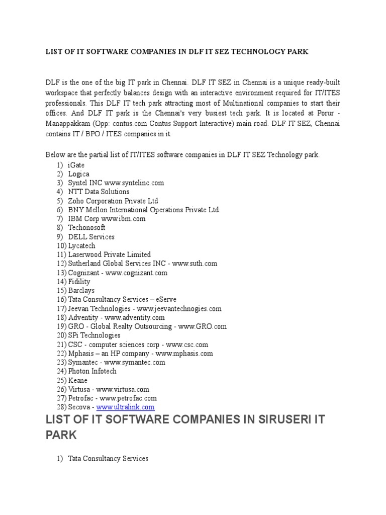 List of It Software Companies in DLF It Sez Technology Park | PDF ...
