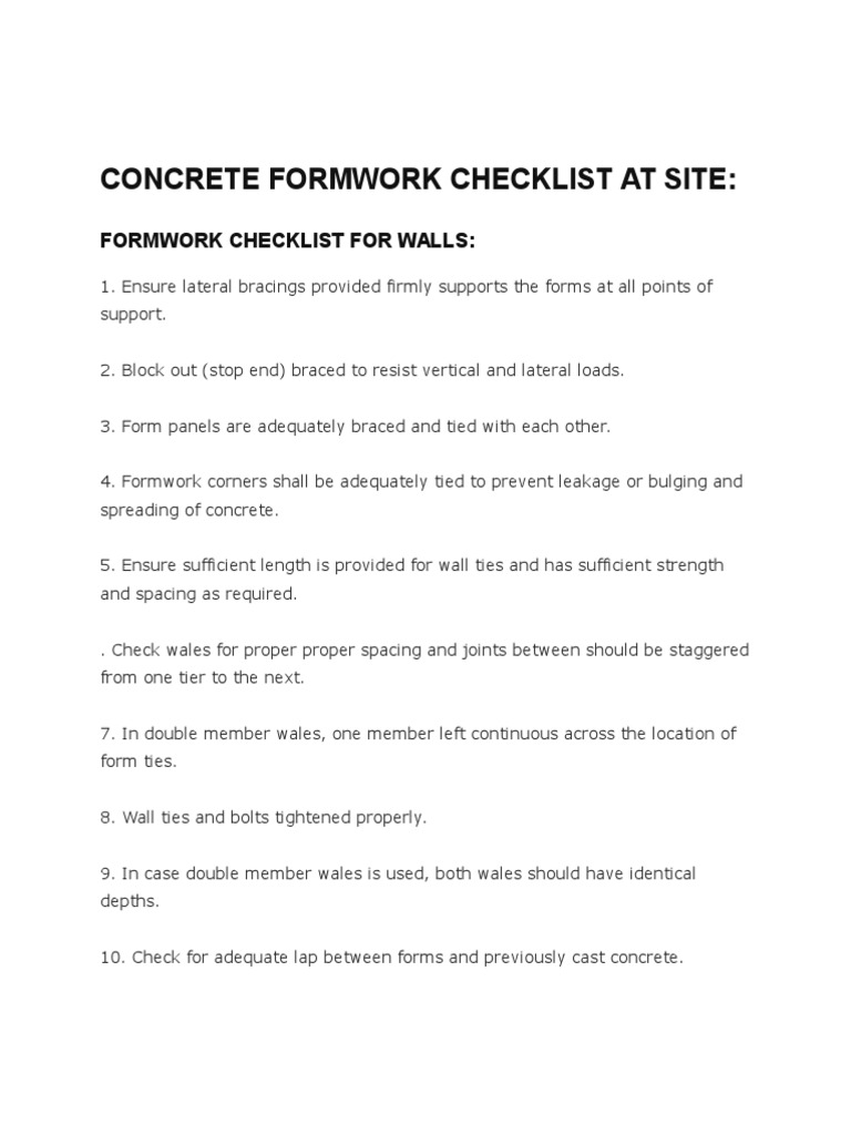 Concrete Formwork Checklist at Site | Download Free PDF | Concrete | Building Technology