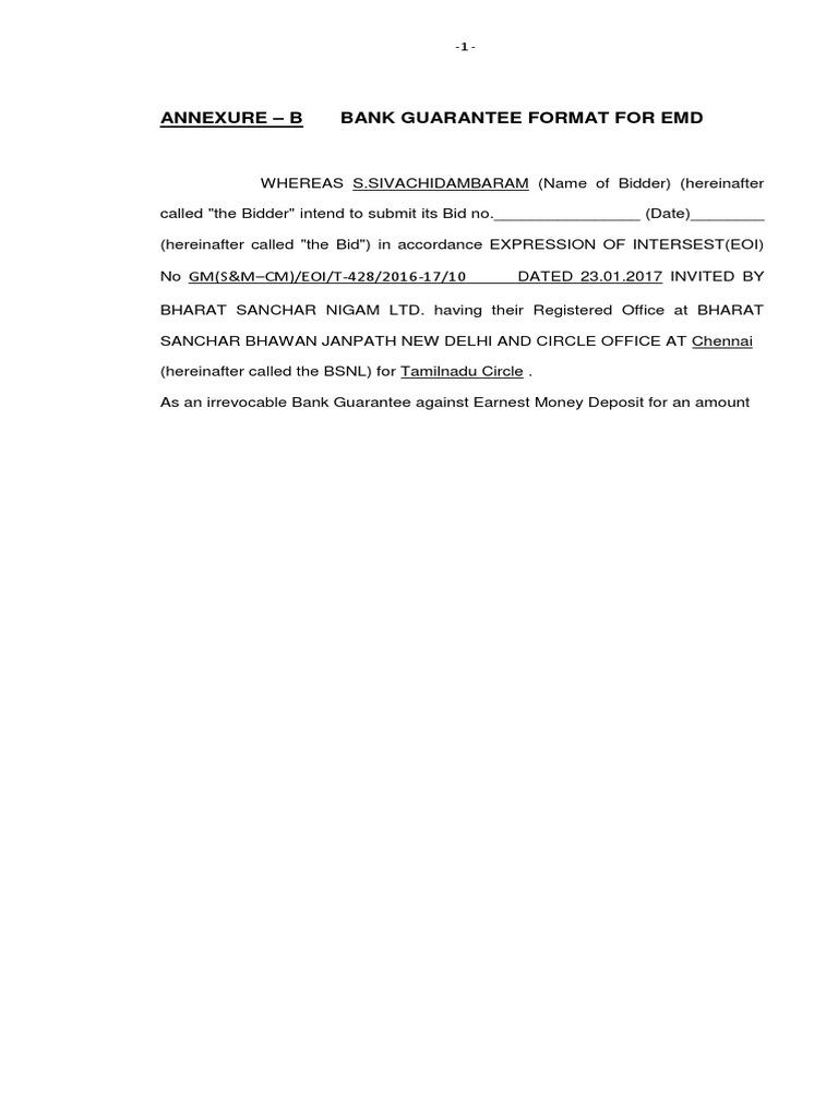 Bank Guarantee Format For Emd | PDF | Guarantee | Private Law
