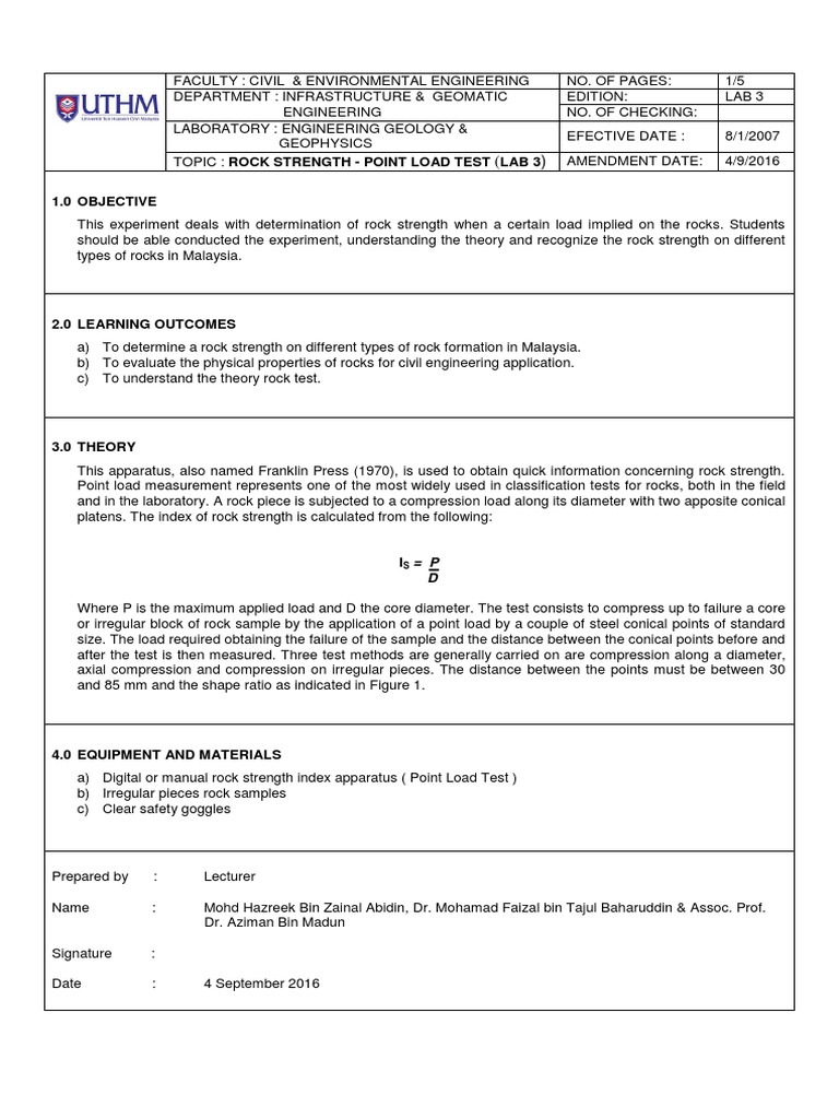 Laboratory 3 - Point Load Test - New - August 2016 | PDF | Structural ...