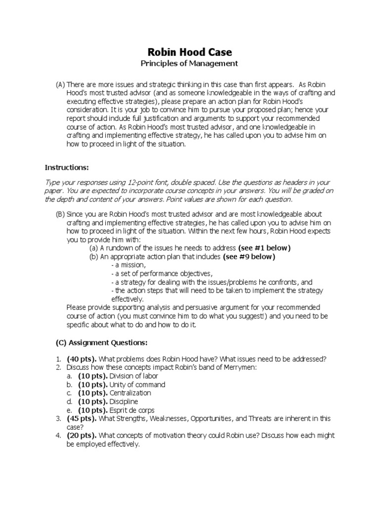 Robin Hood Case Instructions A | PDF | Strategic Management | Behavioural Sciences