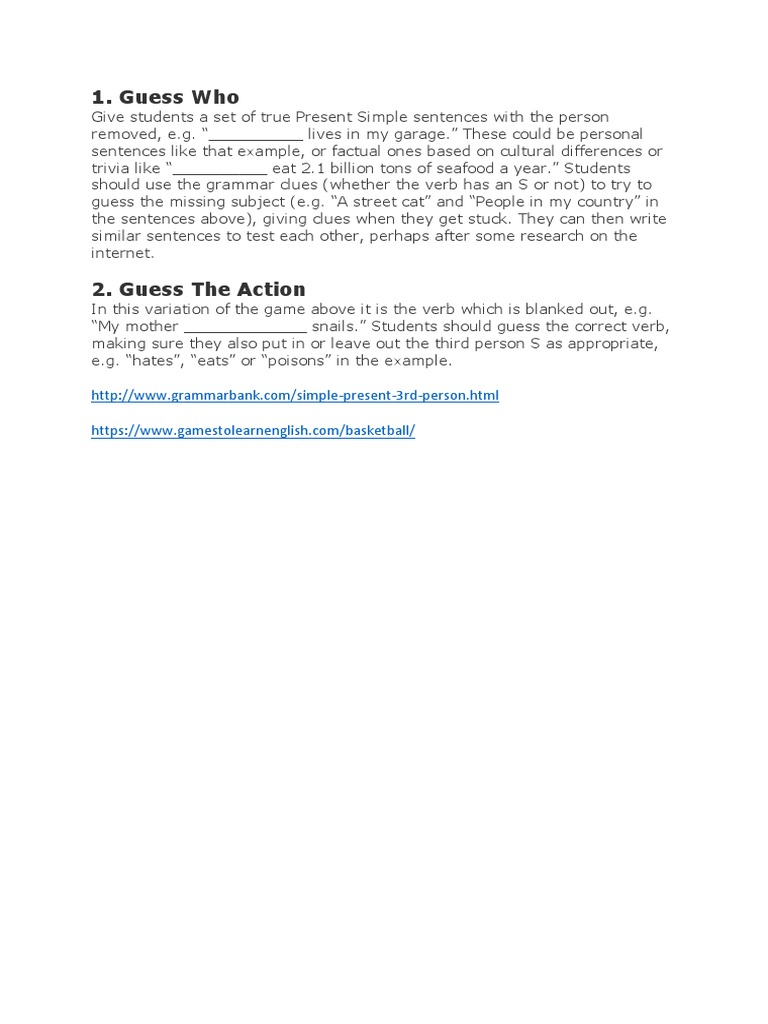 Guess Who and Guess the Action ESL Grammar Games | PDF