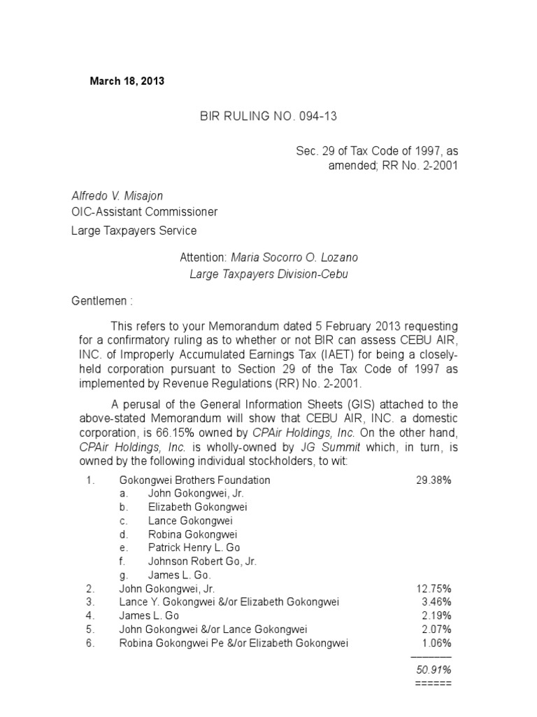 BIR Ruling No | PDF | Corporations | Taxes
