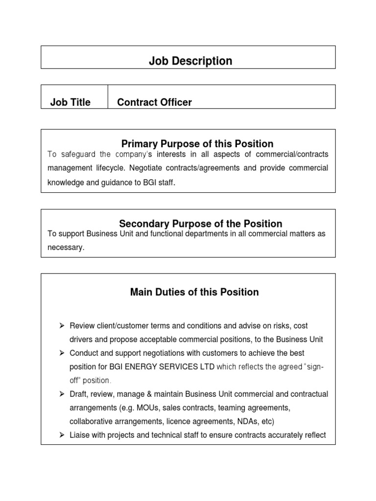 Job Description For Contract Officer | PDF