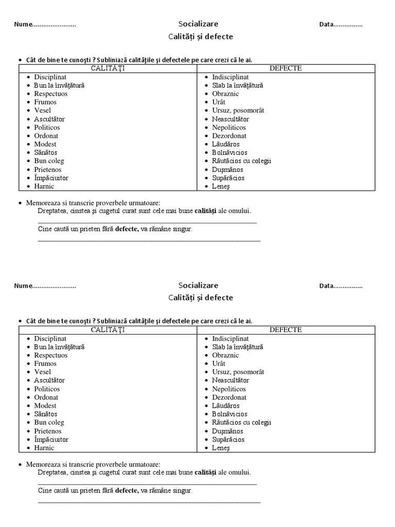 Calitati Si Defecte - Fisa de Lucru | PDF