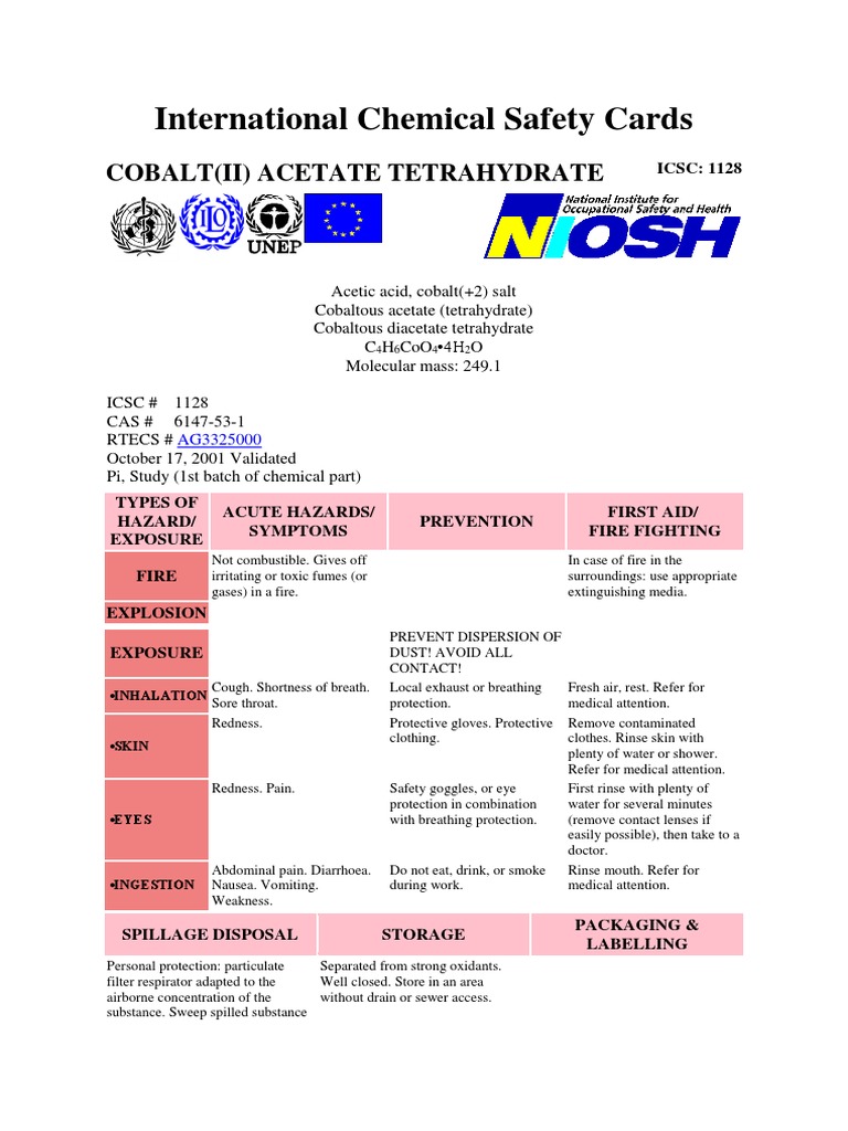 International Chemical Safety Cards: Cobalt (Ii) Acetate Tetrahydrate ...