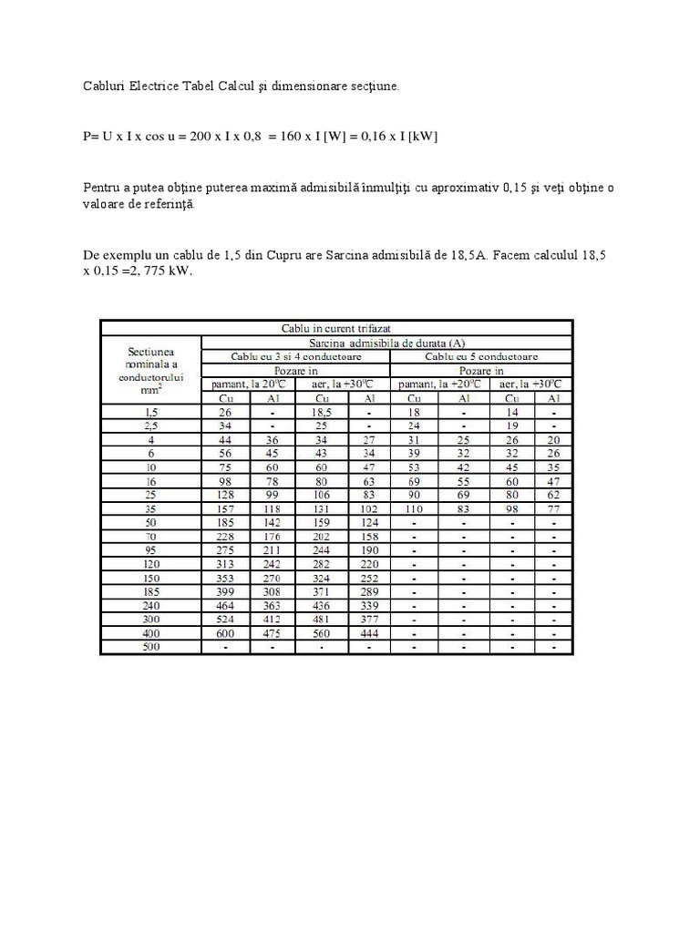 Cabluri Electrice Tabel Calcul Şi Dimensionare Secţiune | PDF