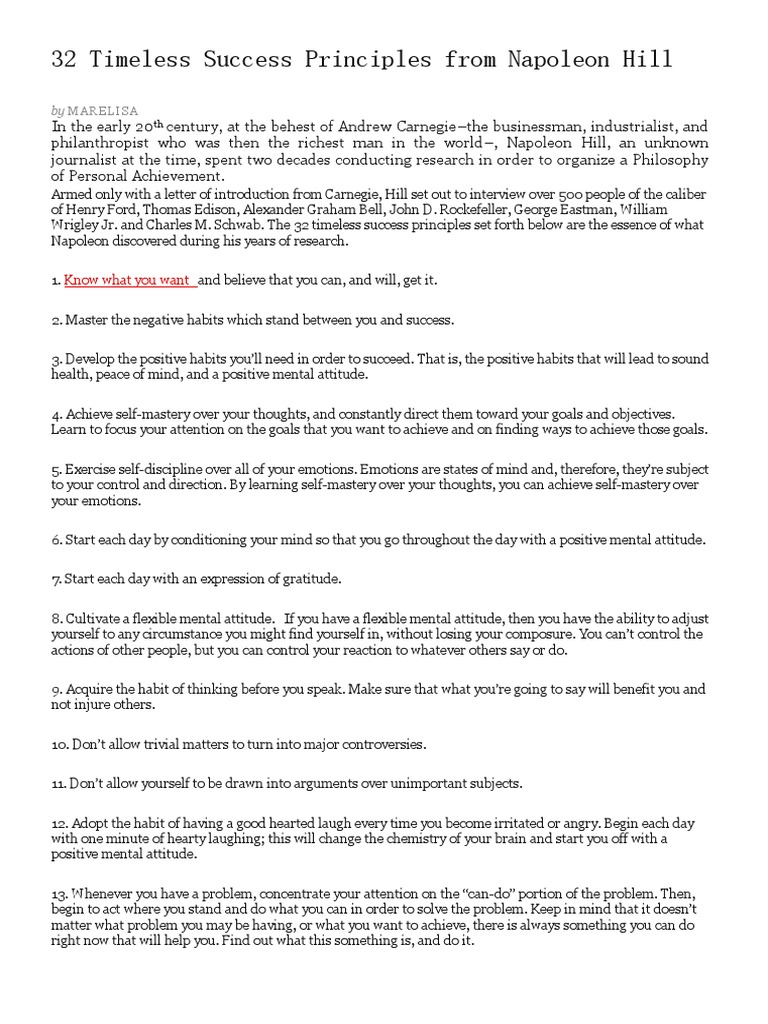 32 Timeless Success Principles From Napoleon Hill Pdf Napoleon Hill