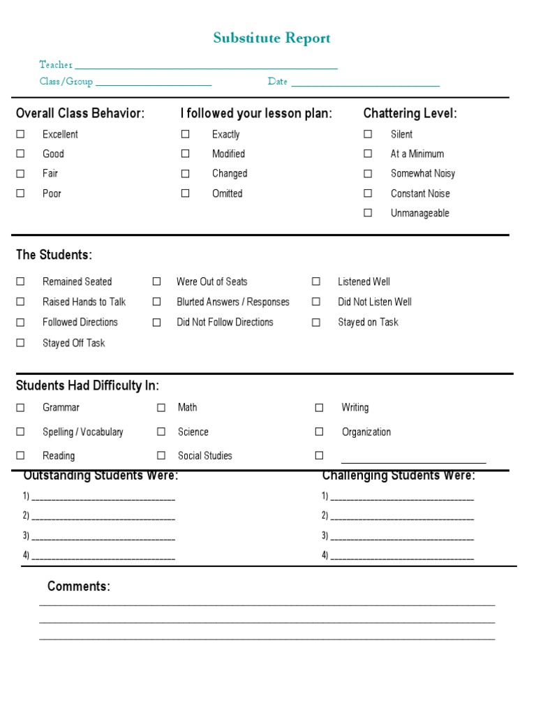 Substitute Teacher Report Template | PDF | Career & Growth